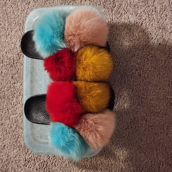 Shoes | Brand New Kids Size 4 Fox Fur Puff Ball Slides Multi Color ...